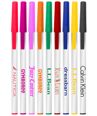 Blue Ink White Stick Pens with Colored Caps | Promotional Products Inc.