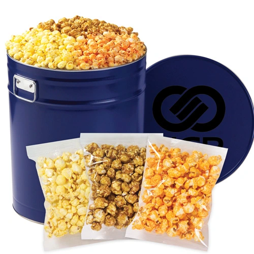 Custom Individually Bagged Popcorn Trio Tin - Promotional Product Inc.