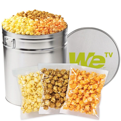 Custom Individually Bagged Popcorn Trio Tin - Promotional Product Inc.