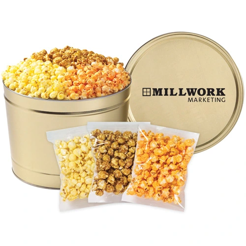 Custom Individually Bagged Popcorn Trio Tin - Promotional Product Inc.