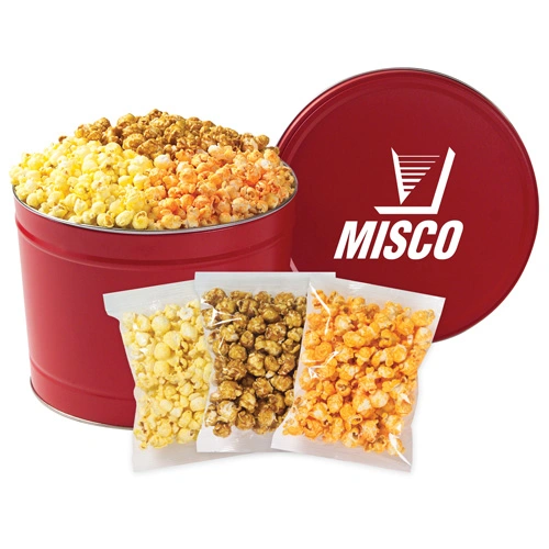 Custom Individually Bagged Popcorn Trio Tin - Promotional Product Inc.