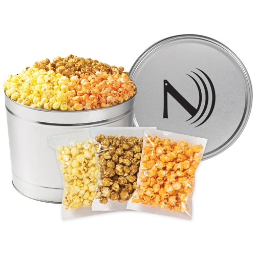 Custom Individually Bagged Popcorn Trio Tin - Promotional Product Inc.