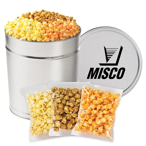 Custom Individually Bagged Popcorn Trio Tin - Promotional Product Inc.